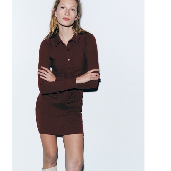 Zara | Dresses | Zara Body Con Ruched Button Front Stretch Shirt Dress ...
